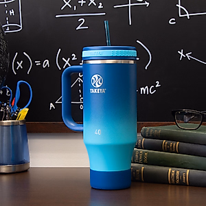 Takeya Straw Tumbler with Handle - Beverage Tumbler for Coffee, Water & More - Durable Tumbler with Built-In Silicone Coaster & 2 Straws - Double Stainless Steel Insulation - 40 oz, Ombre Adventure