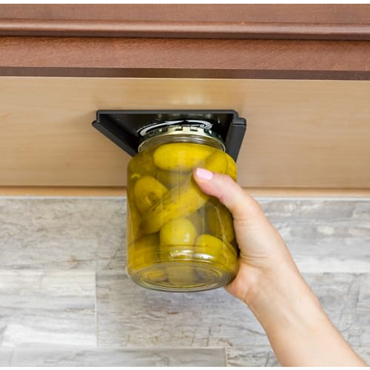 Jar Opener - Effortless Opener for Any Size Bottle or Jar –Mounts Under Cabinet with Industrial Adhesive - Zero Slip Blade Protector - Must Have for Seniors & Arthritis – Made In USA