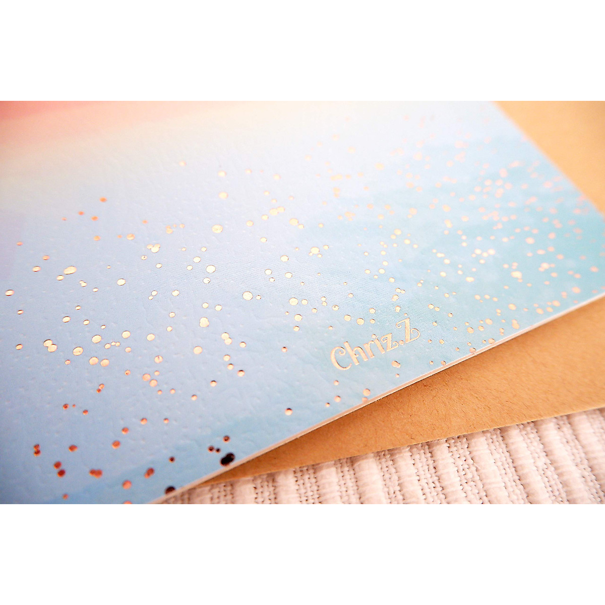 Birthday Card - Single Happy Birthday Greeting Card with Rose Gold Foil Sprinkles and Lettering on Ombre Blue Yellow Pink Textured Paper with Kraft Envelope - 5" x 7" - Blank Inside