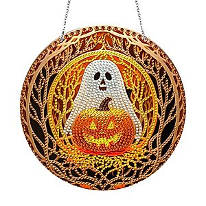 LUSandy DIY 5D Halloween Ghost Pumpkin Diamond Painting Kits Hanging Sign Wall Art Sign Pumpkin Diamond Art Suncatcher Window Hanging Ornament Window Pendants for Adults Home Garden Wall Door