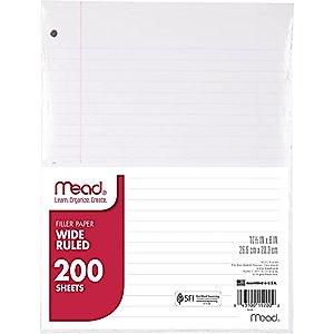 Mead Loose Leaf Paper, Wide Ruled, 200 Sheets, Standard 10-1/2" x 8", Lined Filler Paper, 3 Hole Punched for 3 Ring Binder, Writing & Office Paper, College, K-12 or Homeschool, 1 Pack (15200) , White