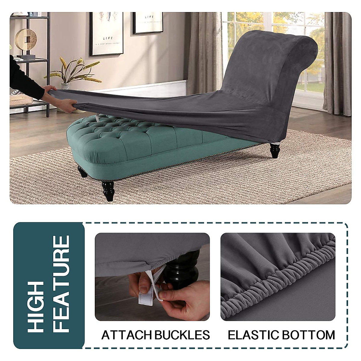 FantasDecor Chaise Lounge Velvet Luxury Covers for Living Room Indoor Stretch Slipcover for Chaise Lounge Ultra Soft Machine Washable, Grey