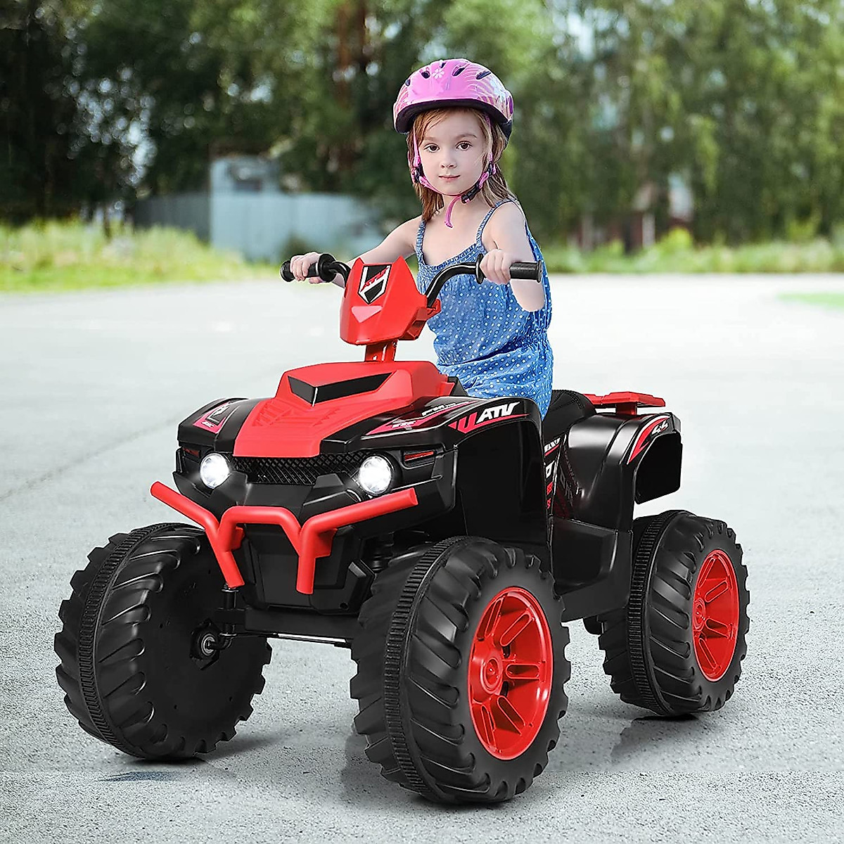 OLAKIDS 12V Kids Ride On ATV, 4 Wheeler Electric Vehicle for Toddlers, Battery Powered Motorized Quad Toy Car for Boys Girls with LED Lights, Music, Horn, High Low Speed, Soft Start (Red)