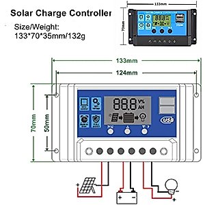 Jtron Solar Charge Controller, Charge Controllers for Solar Panel Battery Intelligent Regulator with Dual USB Port 12V/24V Auto Paremeter Multi-Function Adjustable LCD Display (YJSS-10A)