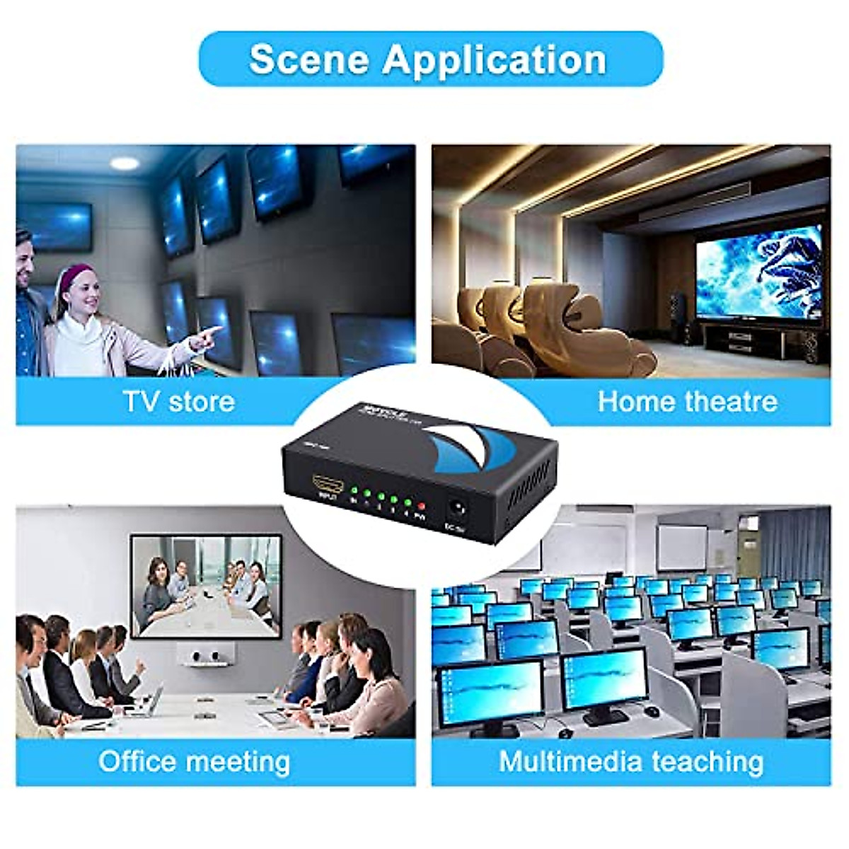 Movcle HDMI Splitter 1 in 4 out Full Ultra HD 1080P 4K/2K 1X4 Port Box Hub with US Adapter v1.4 Powered Certified for 3D Support