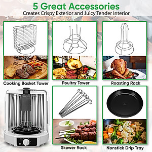 NutriChef Vertical Rotisserie Oven Roaster - Rotating Shawarma/Kebab Machine with Skewer and Rack, Basket Tower, Roasting Rack, Poultry Tower, Drip Tray - For Meat Chicken Turkey Lamb - PKRT15 White