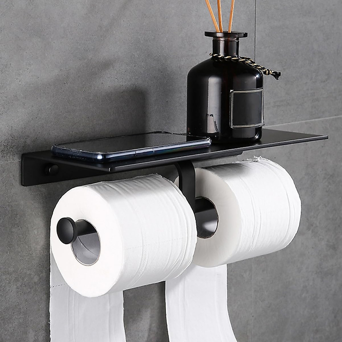 HOOTNEE Towel Holder Storage Shelf Paper Towel Rack Black Wall-Mounted Aluminum Space-Saving Bathroom Utility