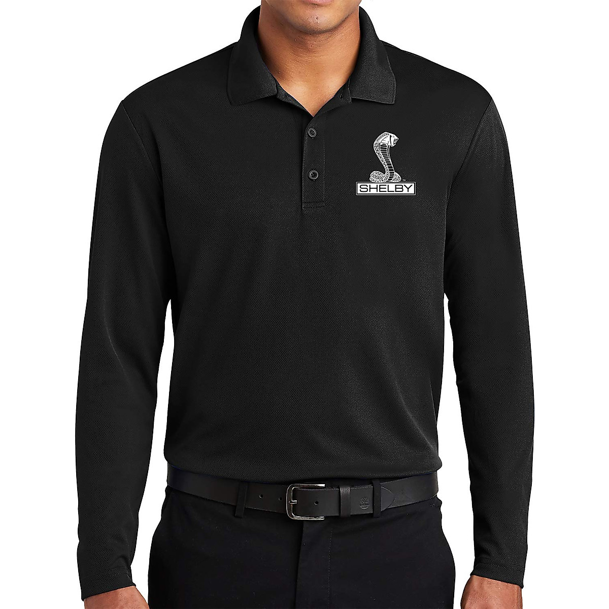 Ford Mustang Shelby Crest Pocket Print Long Sleeve Polo, Black XL