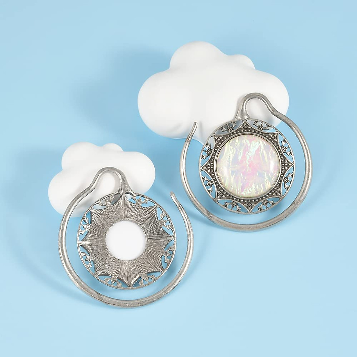 Pair Brass Puj Ju Solstice Hoops with Sythetic Opal Ear Weights Stretched Lobe Earrings Ear Expander for Women piercing Charming Body Jewelry