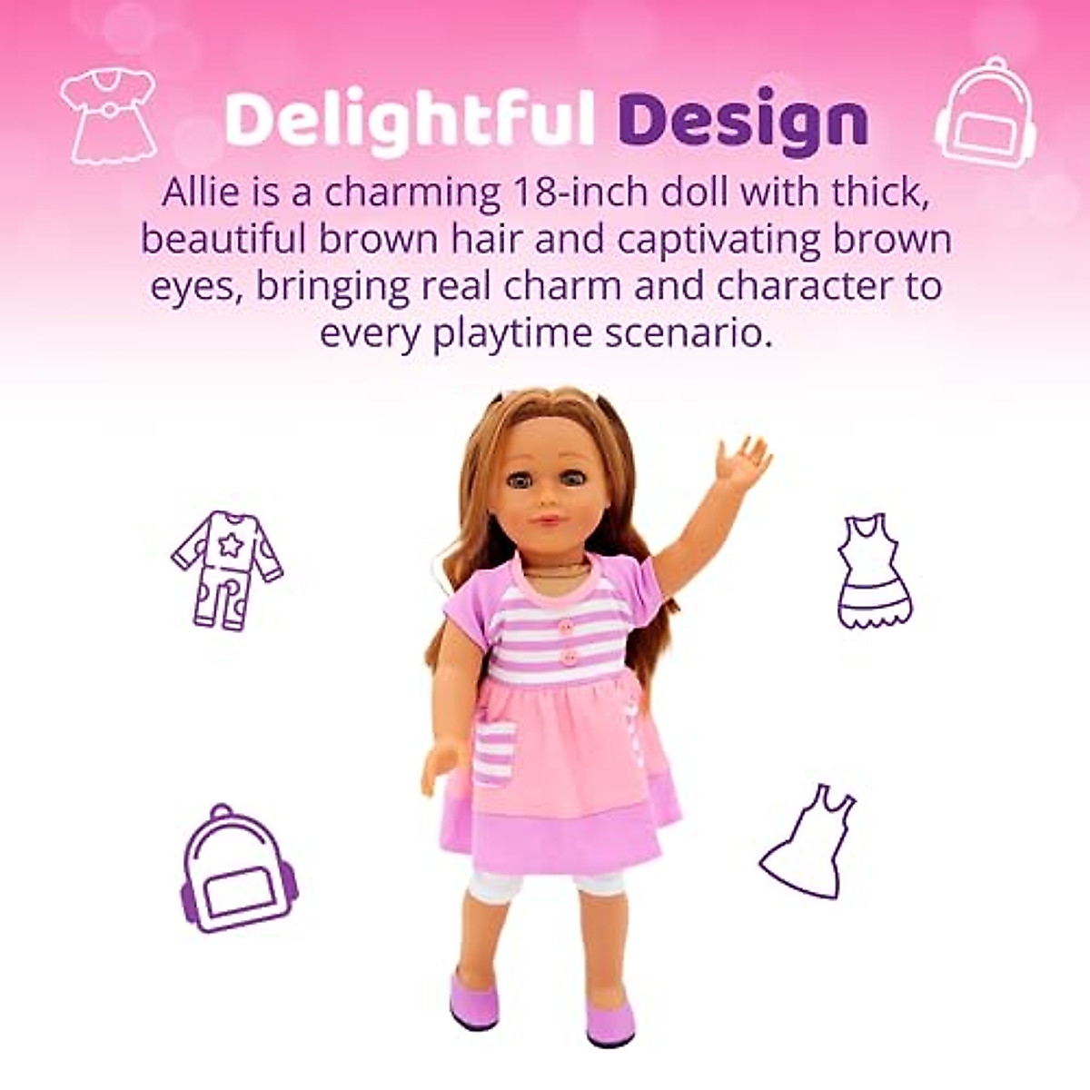 Playtime by Eimmie 18 Inch Allie Doll with Carrying Case, Doll Accessories, Doll Pajamas, Doll Slippers, Doll Clothes, 18-Inch Doll