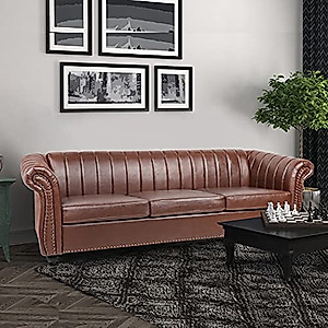 ONCIN Chesterfield Sofa for Living Room, 3 Seater Sofa Couch Faux Leather Fabric Home Seating Couch Sofa for Home Furniture (Dark Brown)