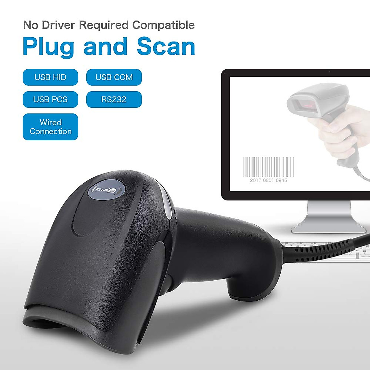 NETUM Barcode Scanner USB 2.0 Wired Handheld 1D Laser Bar Code Reader Scanner for POS Mobile Payment PC Laptop and Computer Windows Mac OS