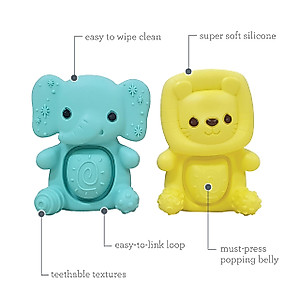 Infantino Teethimal Pop Pals - Elephant & Lion Sensory Popper Toy with Soothing Teething Textures for Infants & Toddlers, 6M+