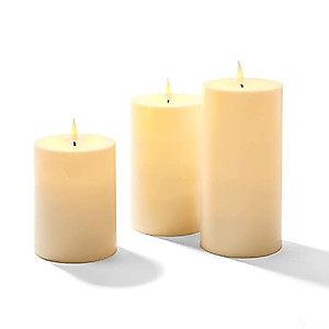 Outdoor Ivory Flameless Candles with Timer: LED Pillar Candle Set of 3, Waterproof Patio Decor, Battery Operated, Remote Control Included, Realistic Flickering Warm White Light - 3x4 3x5 & 3x6