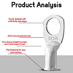10PCS 1/0 Awg-3/8" Copper Wire Lugs with 3:1 Heat Shrink Tubing, Marine Grade Ring Terminal Connector, Heavy Duty UL Battery Cable Ends, Tinned Copper Eyelets Cable Lugs (AWG8*3/8)