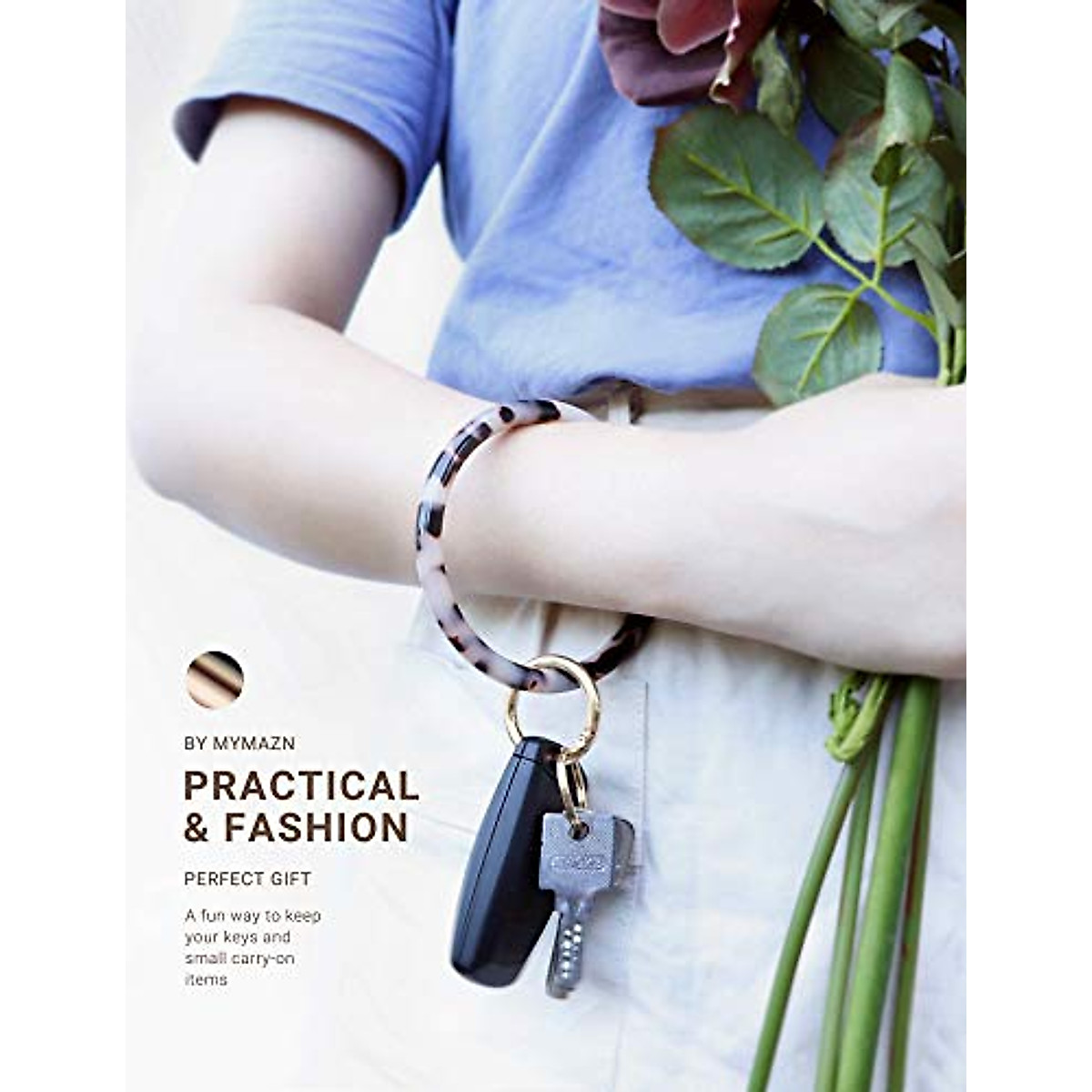 Mymazn key Ring Bracelet Wristlet Keychain Bangle Keyring for Women, Acetate Round Key Chain (Tortoise)