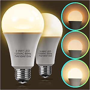L LOHAS LED 3 Way Light Bulbs, Soft White 3000K, 7/10/15W, 3 Way LED Light Bulbs with E26 Base, 500lm-1000lm-1500lm, A19 Energy Saving Light Bulbs, 2 Pack