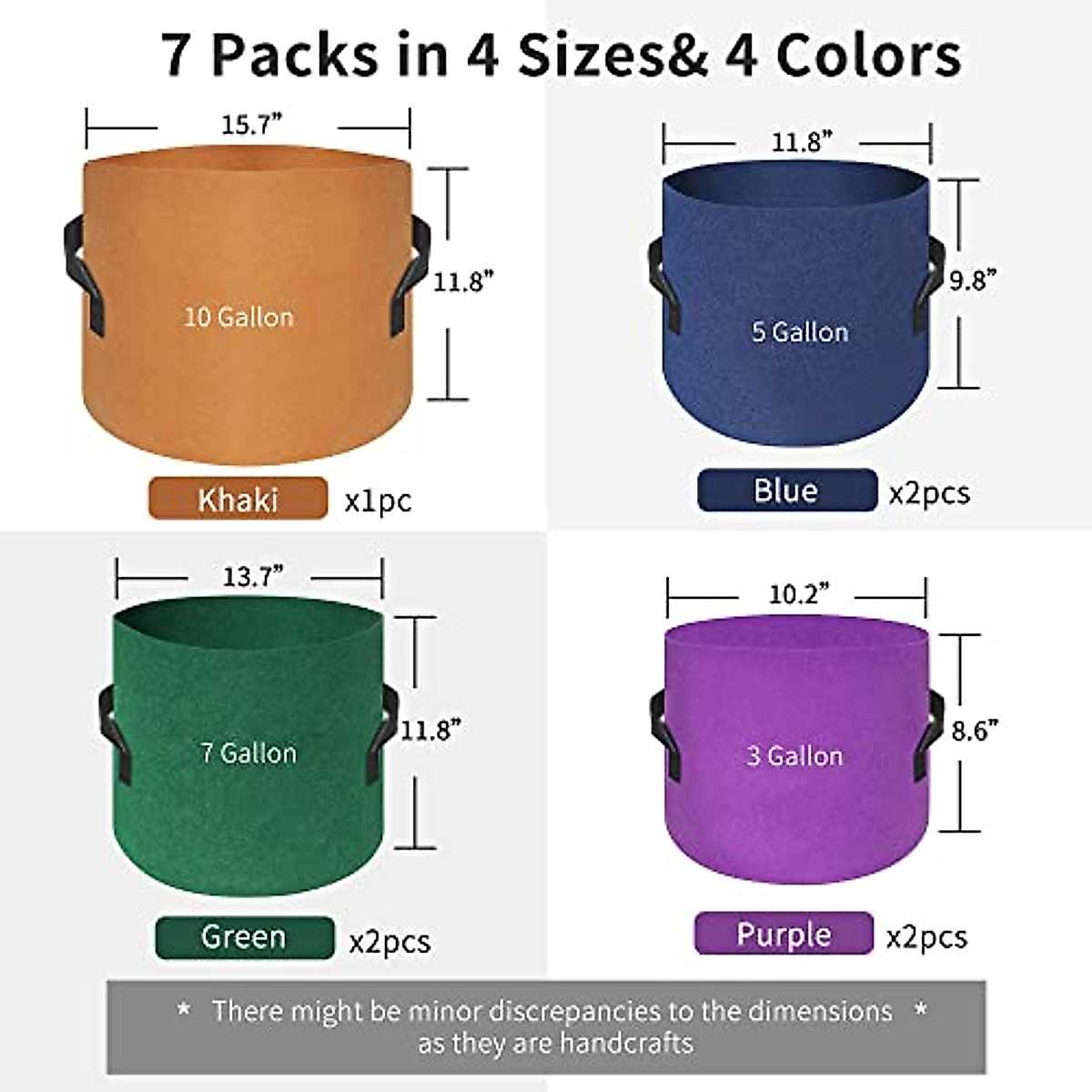 HAOWIN 7-Pack Colorful Plant Grow Bags, Thickest Fabric Pots 10 Gallon 7 Gallon 5 Gallon 3 Gallon Variety Size Pack, Plant Labels Included Potato Growing Bags