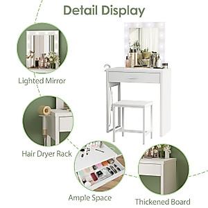 Titoni Makeup Vanity Desk, White Vanity Set Vanity Table with Lighted Mirror, 10 LED Lights Brightness Adjustable, 27.6in(L), White