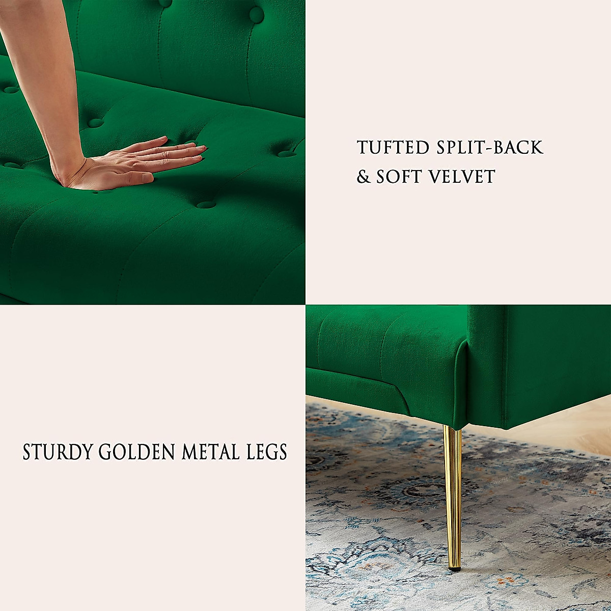 72"Modern Velvet Sofa Bed Futon,Convertible Folding Sleeper Bed Couches with 3 Adjustable Backrests,Tufted Recliner Love Seat with Golden Chrome Legs for Living Room Apartment Home Office (Green)