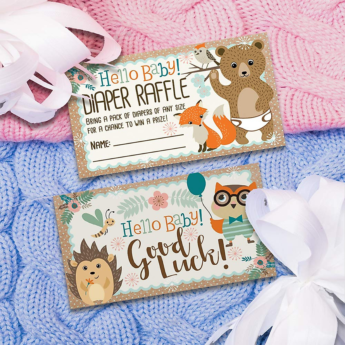 Diaper Raffle Tickets - Woodland Animals Card, Cute Fun Animals and Colorful Baby Shower Games Raffle Sign and Ticket, Gender Neutral, Baby Party Decorations, Set of 50 Double Sided Raffle Cards