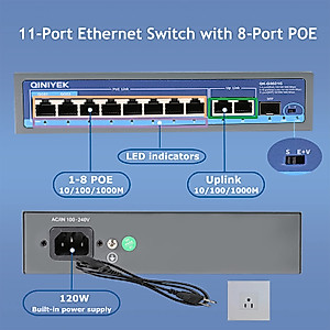 8 Port Ethernet Unmanaged POE+ Switch, 2 Uplink Gigabit Ports, 1*1.25G SFP Port , 120W 802.3af/at ,Unmanaged Plug and Play, Desktop or Wall-Mounted Smart Ethernet Switch