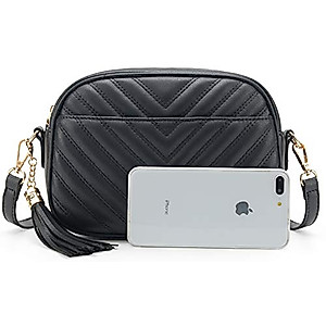 lola mae Quilted Crossbody Bag, Medium Lightweight Shoulder Purse Top Zipper Tassel Accent Black Bag (BLACK LM706V)