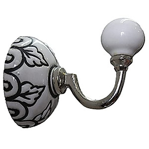 PARIJAT HANDICRAFT Hand Painted Black and White Leaf Beautiful Colored deign Floral Ceramic Wall Hook Hanger Key Holder hat Clothes hangings Bath Towel Hook Hanger