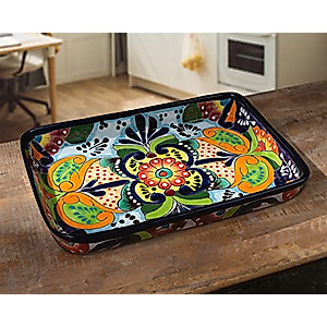 Enchanted Talavera Pottery Mexican Hand Painted Ceramic Rectangle Serving Platter Dish Appetizer Plate Tray Food Mexican Floral Pattern Thanksgiving Holiday Party Fiesta (Large 13.2 x 9 x 2, Multi)