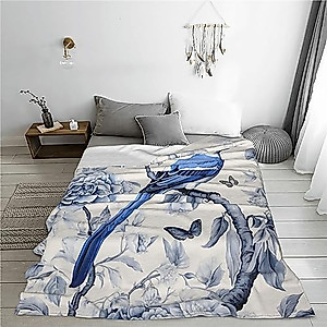 sunzoneflo Floral Bird Throw Blanket Blue Flower and Blue Bird Pattern Printed Throw Blanket for All Season Birthday, for Couch Bed,Chair,Sofa,Room,Home Decor (50 * 60 Inches) Blanket B1488