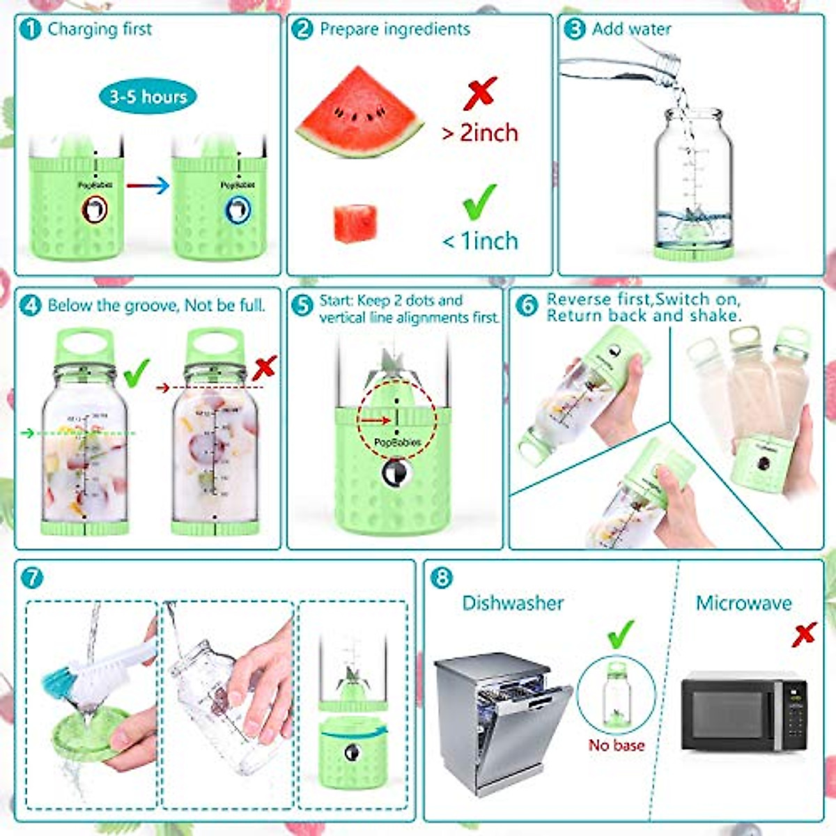 Portable Blender, PopBabies Personal Blender, Smoothie Blender. Rechargeable USB Blender Corolina Blue & Princess Pink & Apple Green