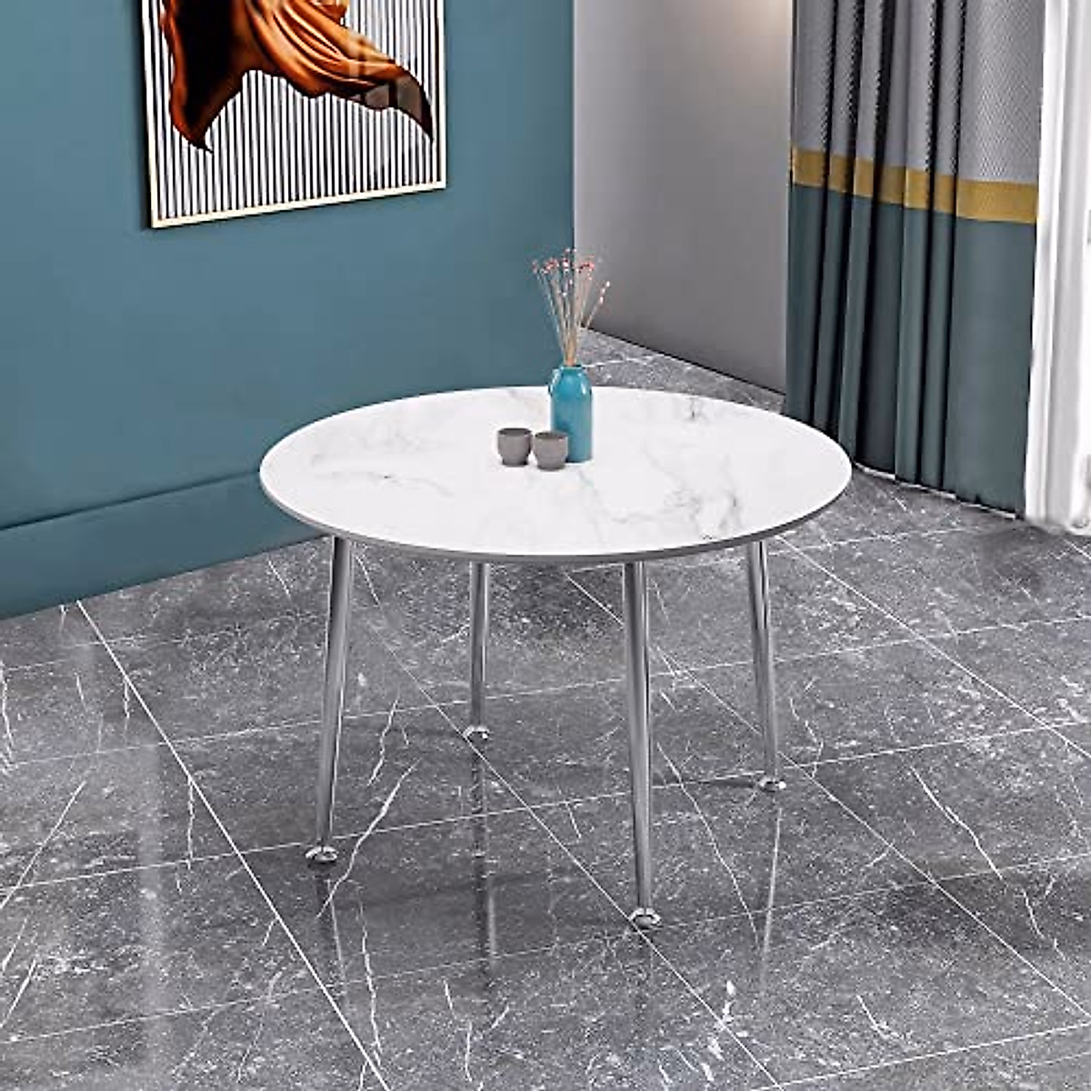 Ginxesh White Round Marble Dining Table for 4,45'' Modern Imitation Marble Grain Top Kitchen Table with 4 Metal Legs,Circle Dinner Table for Dining Room,Living Room,Home,Office