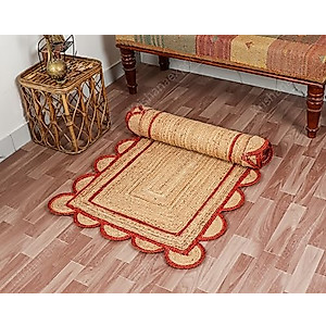 2x3, 2x4, 2x5, 2x6 Ft, Braided Scalloped Jute Rug, Red Scallop Rug, Boho Rug, Natural Jute Rug, Bohemian Rug, Jute Area Rug, Handwoven Jute Rug, Custom Size Rug (2x3 Ft, Area Rug)