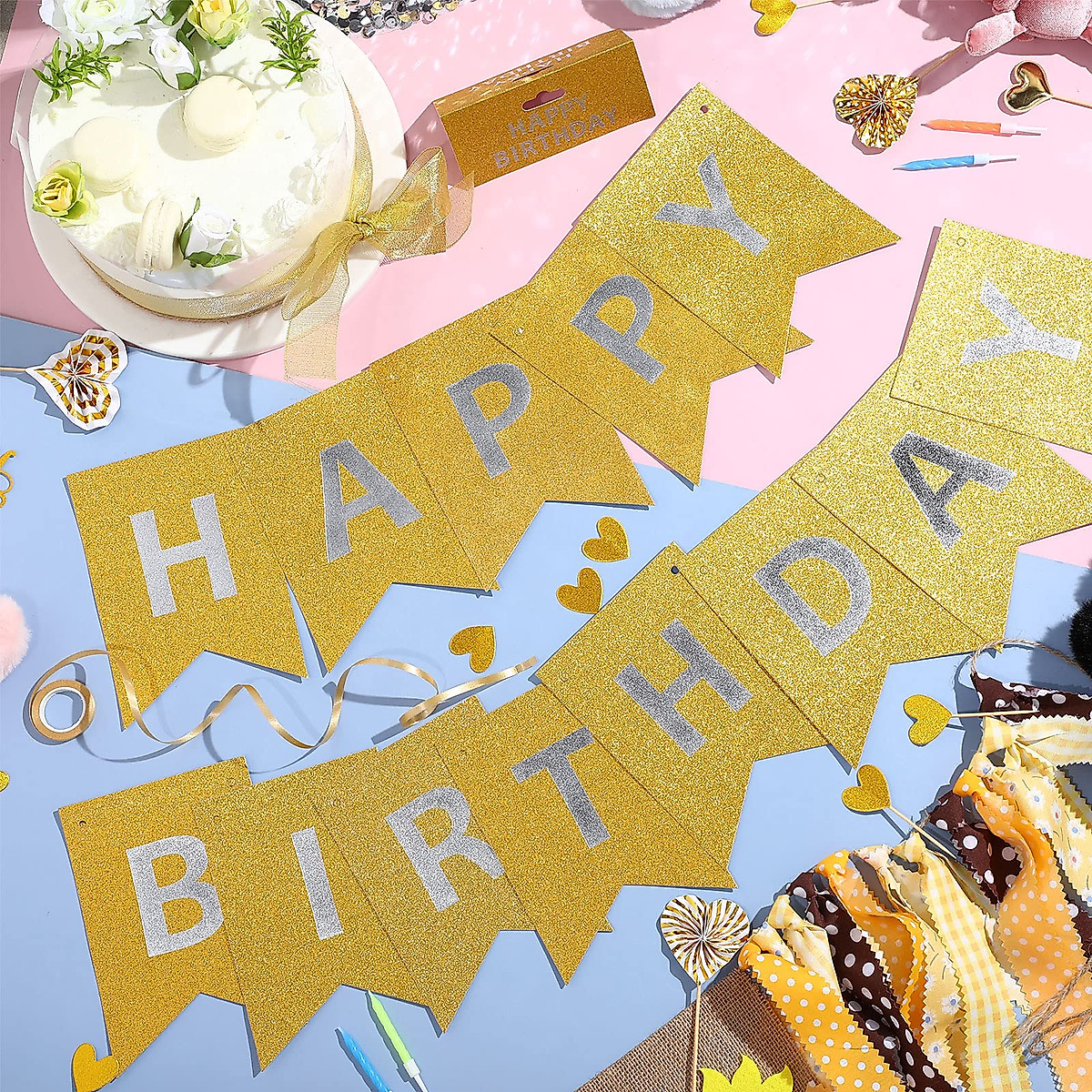 Happy Birthday Banner with Shiny Letters Glitter Happy Birthday Banner Shiny Birthday Hanging Signs Birthday Party Supplies (Gold)