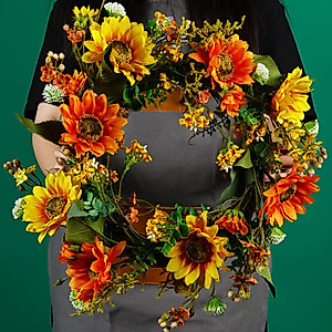 20 Inch Welcome Wreath for Front Door, Artificial Sunflower Garland Wreath Frame Welcome Sign with 8 Flowers and 8 Buds for Home Porch Garden Farmhouse Festival Decorations