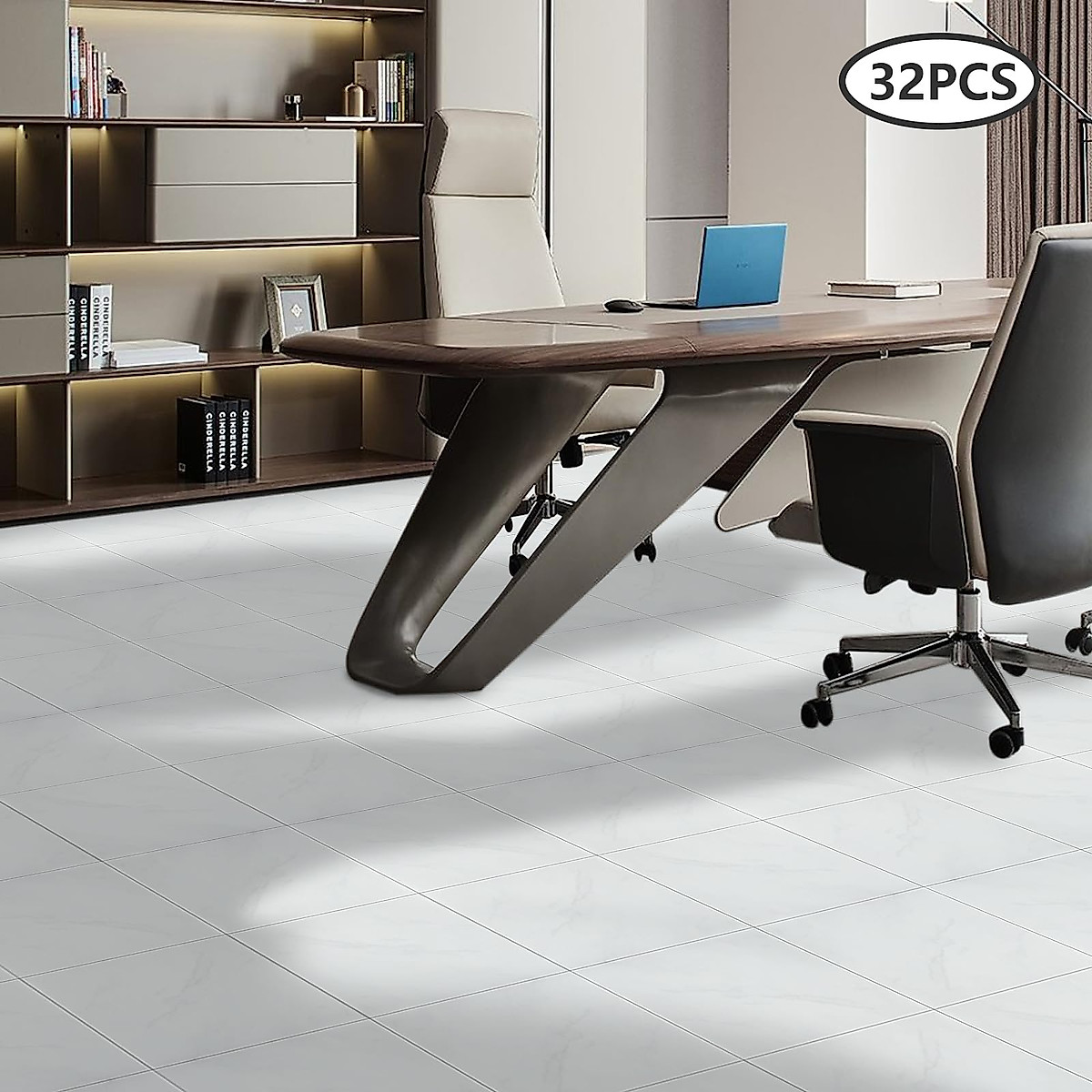 LOHISHIL 32PCS 12 * 12in Stick Floor Tile White Floor Tiles Self, Adhesive Wall Tiles Peel and Stick Floor Tiles Bathroom Floor Stickers for Kitchen, Bedroom, Hallways, Garages, Lobbies(White)