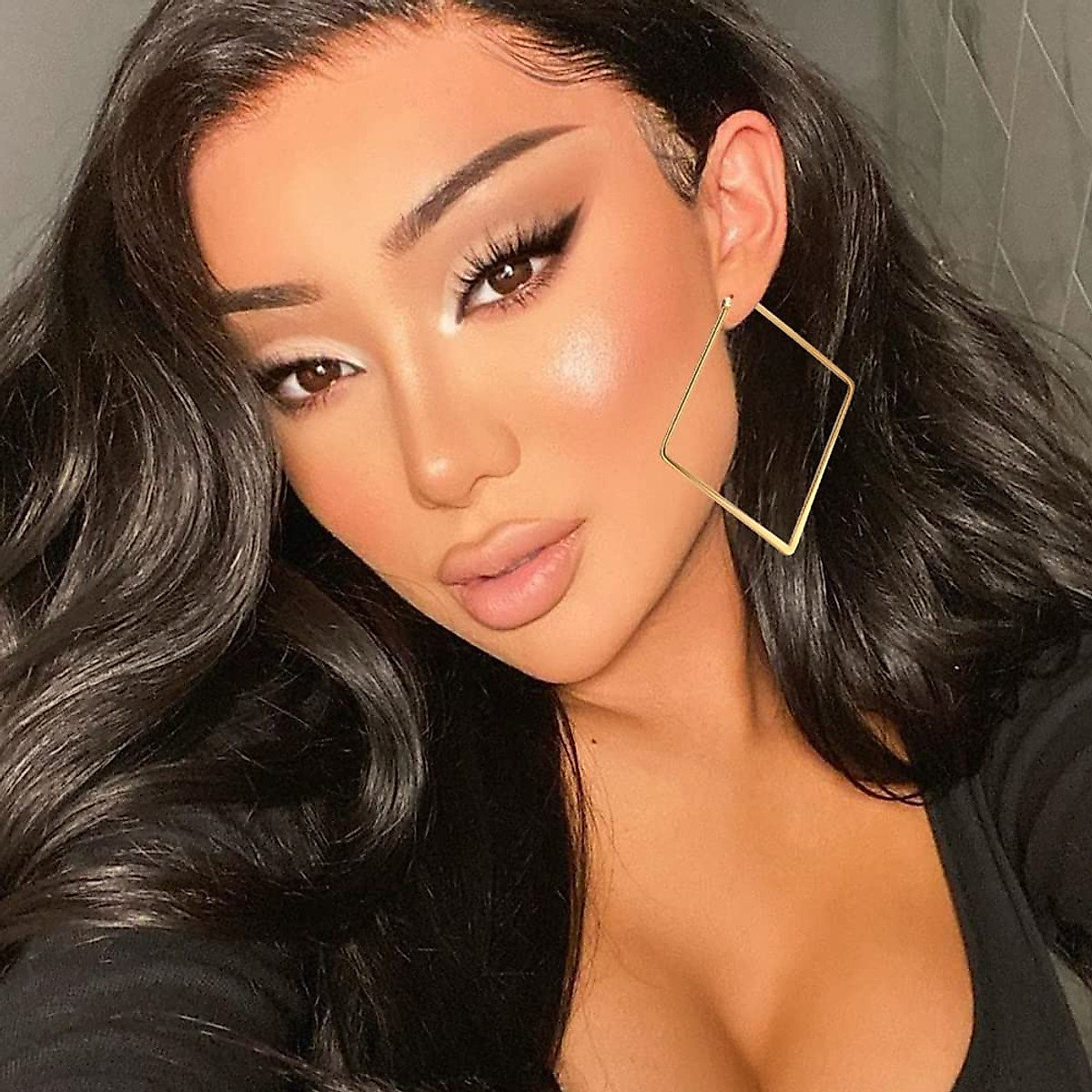 3 Pairs Big Square Hoop Earrings for Women, Geometric Symmetrical Flat Stainless Steel Plated in Gold-Silver-Black, 70mm