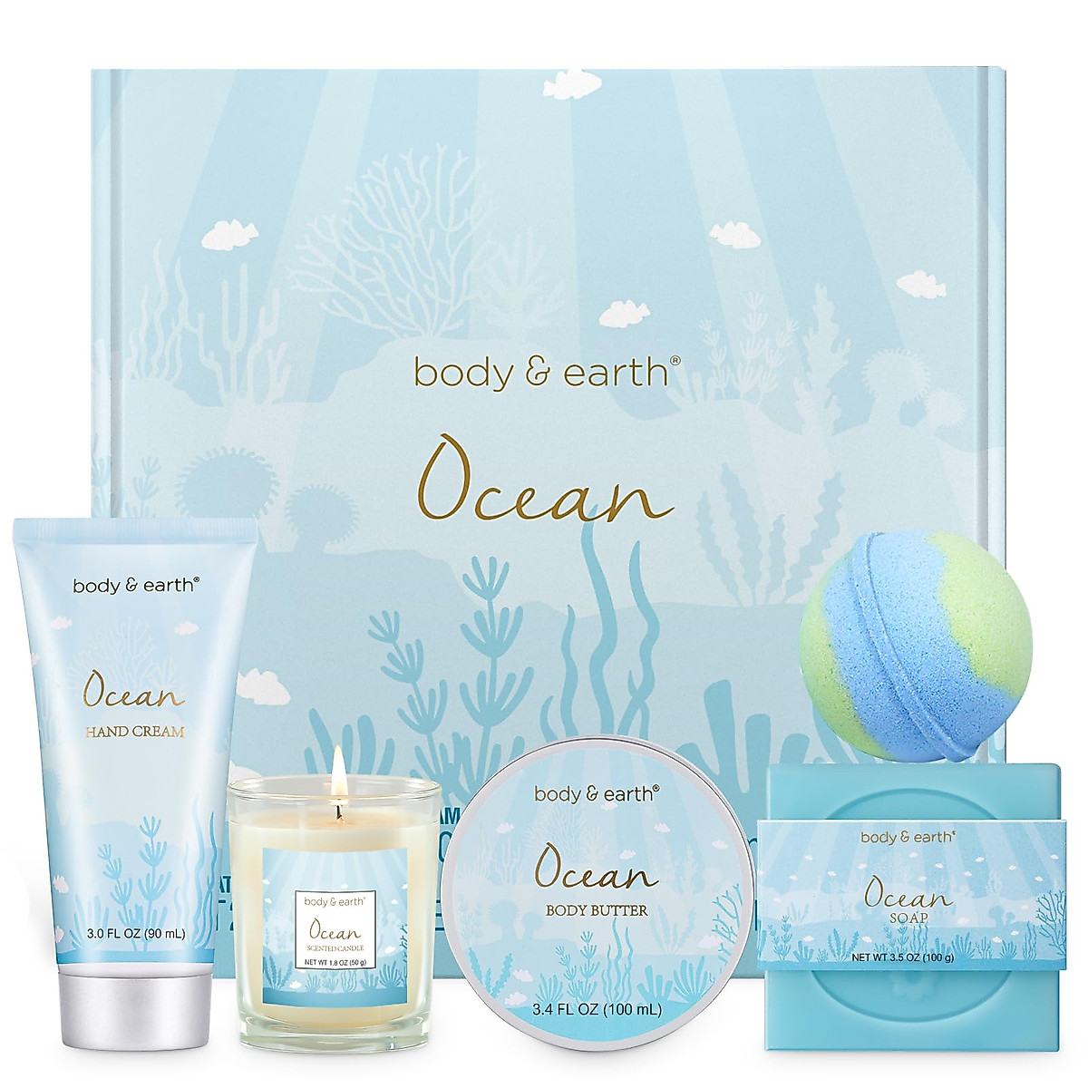 Spa Gifts for Women,Bath Set with Ocean Scented Spa Gifts Box for Her,Includes Scented Candle,Body Butter,Hand Cream,Bath Bar and Bomb,5 Pcs Bath Set,Gifts Set for Women,Mom,Mother's Day Gifts