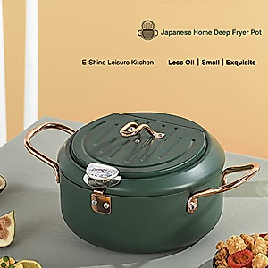 Deep Fryer Pot by E-Shine Leisure Kitchenware, Japanese Style Tempura Deep Fryer with Fahrenheit Thermometer, Small and Easy Clean, Vintage Green, DIAM. 9.5”