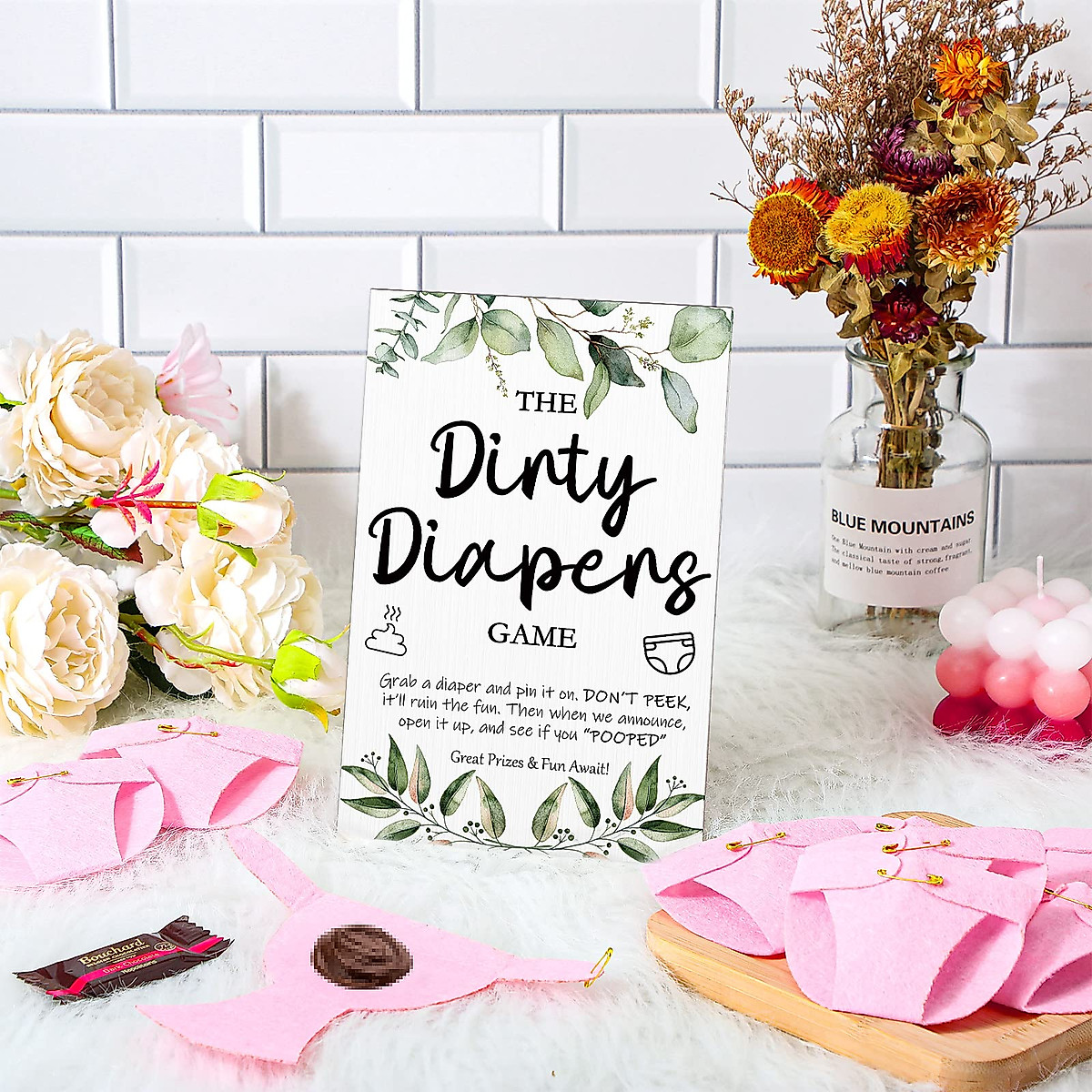 Roowest 51 Pcs Dirty Diaper Baby Shower Games Funny Wooden Dirty Diaper Game Sign with 50 Pcs Mini Diapers Cute Felt Diaper for Gender Reveal Party Baby Shower Game(Greenery Pink)