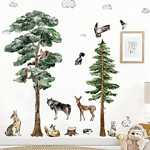 68in X-Large Pine Tree Safari Animals Wall Decals Woodland Nursery Wall Decor Watercolor Forest Animal Wall Decal Peel and Stick Deer Birds Owl Wolf Stickers for Kids Room Wall Art Baby Nursery Decor