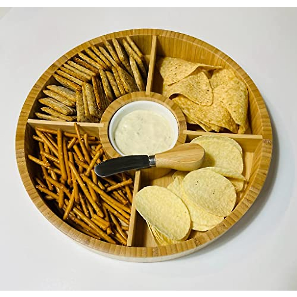 ProSky Chips and Dip Serving Dish, Bamboo Chip and Dip Platter with Dip Cup for Salsa and Spreader Knife, Chip and Dip Bowl Wood, Taco Dip Tray, Appetizer Serving Set, Dip Bowls and Tray Set