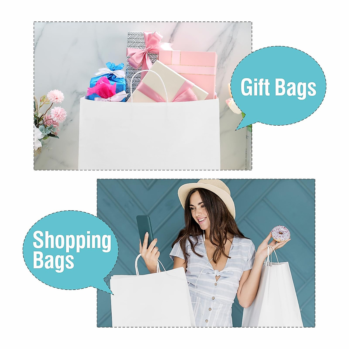 woric 60 PCS White Paper Bags with Handles, Christmas Gift Bag 16 x 6 x 12 inch Large Gift Bag Bulk Shopping Bags for Grocery Small Business Stocking Stuffers