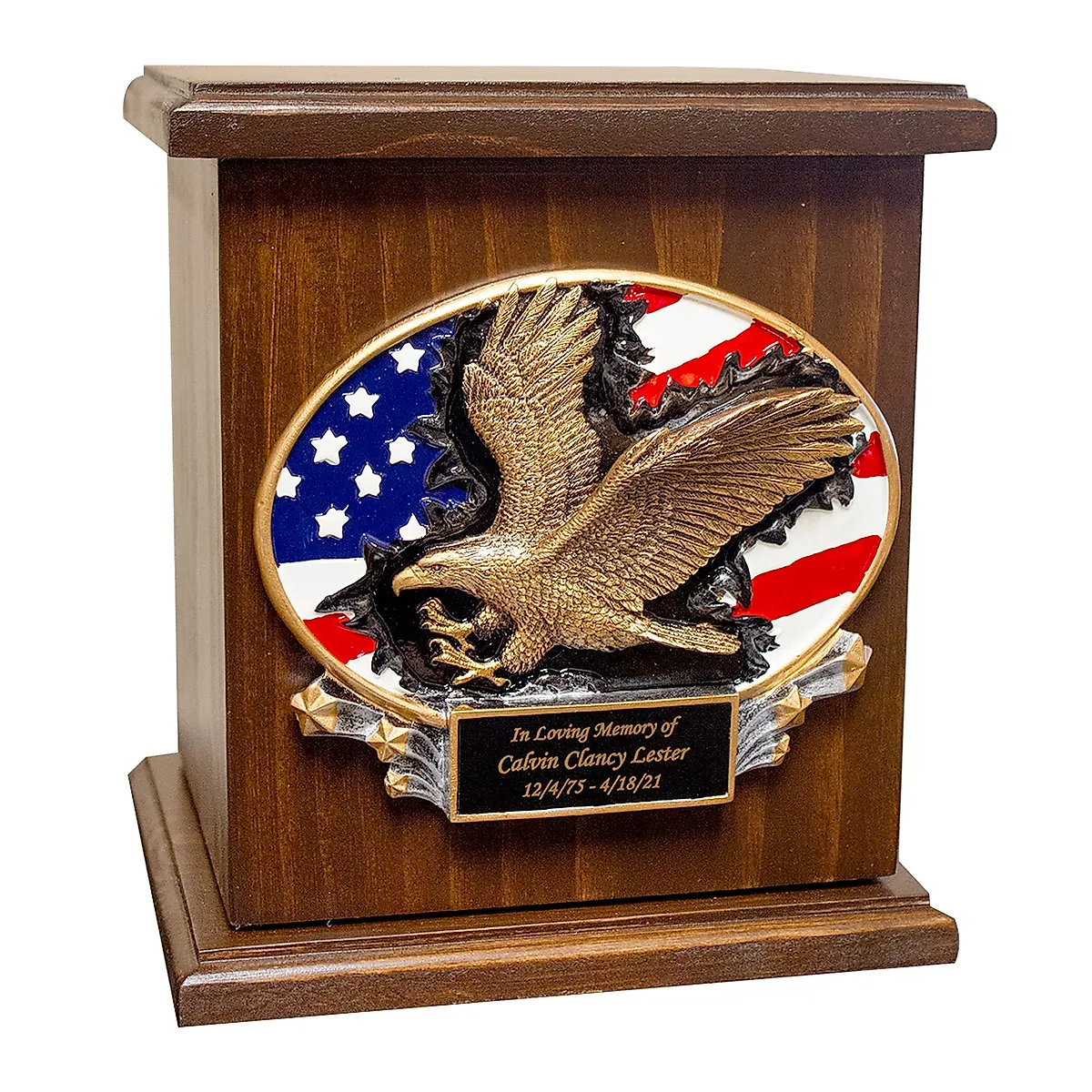 American Flag and Eagle Custom Engraved Large Wooden Cremation Urn