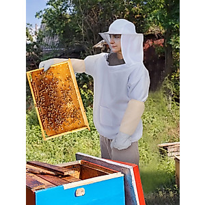Professional Beekeeper Jacket with Goatskin Gloves- Premium Beekeeping Suit Jacket Pull Over with Fencing Veil Hood- Bee Jacket Beekeeping Smock Protective Suit for Beginner & Professional Beekeepers