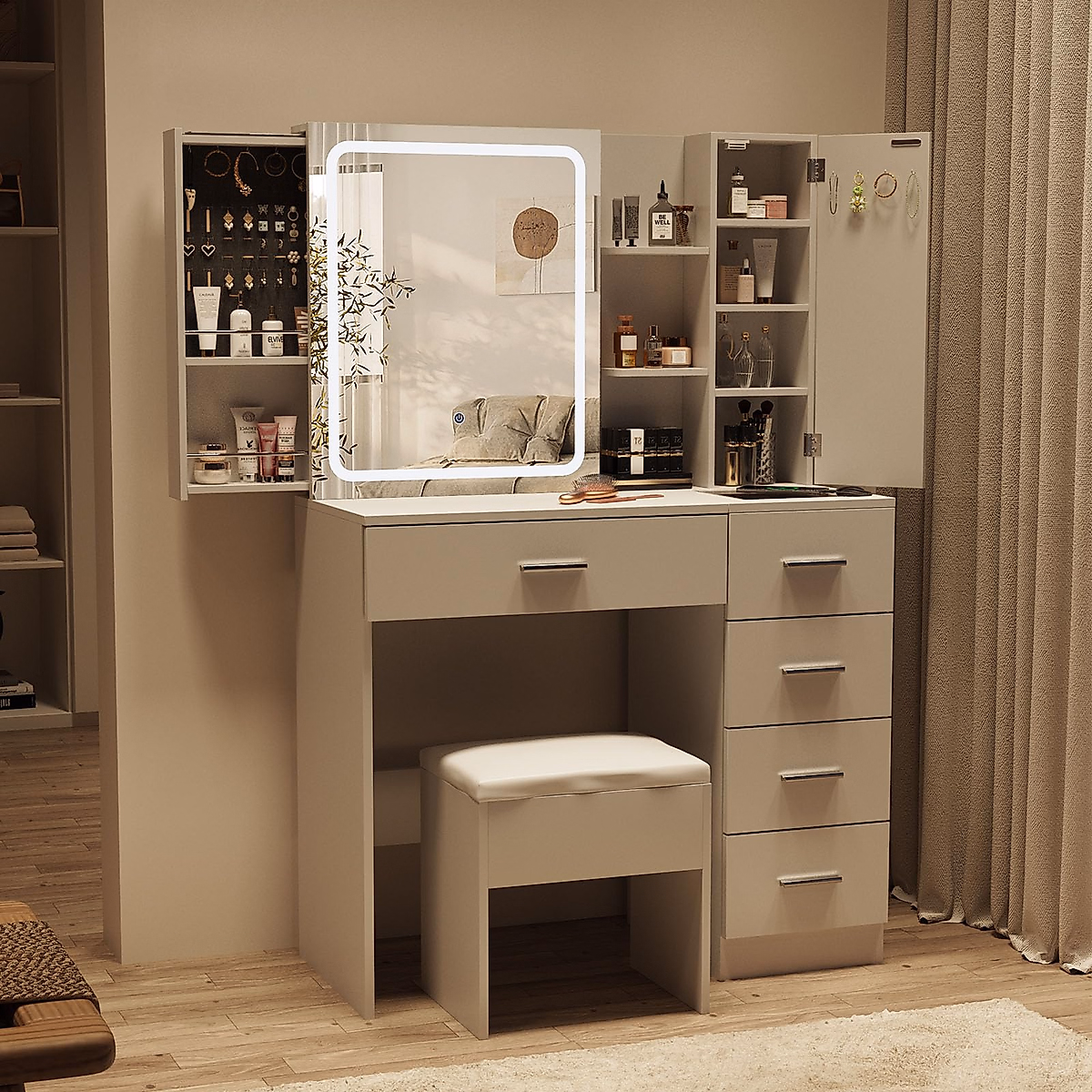 Fameill White Vanity Desk with Mirror and Lights,Makeup Vanity Table Set with Power Strip and Sliding Locker,Visual Drawer Makeup Desk with 5 Drawers&Shelves&Cabinet,3 Lighting Modes