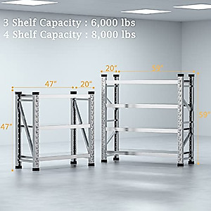 KINGBO Garage Shelving, 4 Shelf Adjustable Stainless Steel Industrial Storage Rack, 59" W x 20" D x 59" H Heavy Duty Industrial Shelving for Garage, Shop, Warehouse, Basement, Total Capacity 8,000 lbs