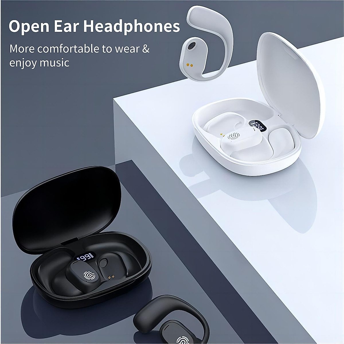 Open Ear Headphones, Wireless Earbuds Bluetooth 5.3 Headphones LED Power Display Charging Case 40H Playtime Premium Sound True Wireless Earbuds Sports Headphones for Running,Cycling,Workouts - Black2