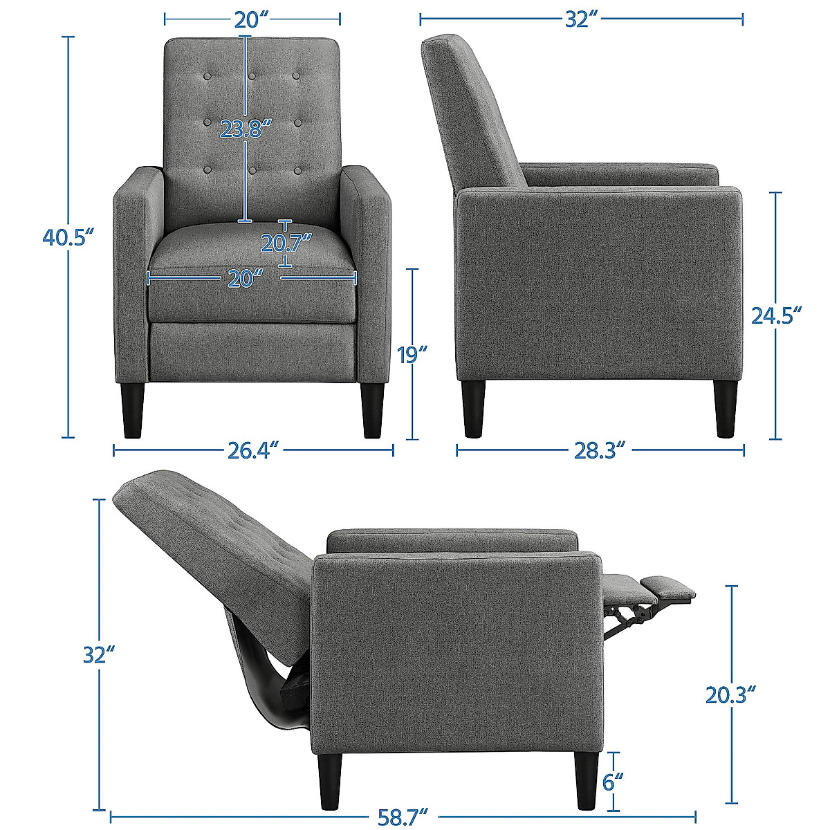Yaheetech Fabric Recliner Chair Mid-Century Modern Recliner Adjustable Single Recliner Sofa with Thicker Seat Cushion Tufted Upholstered Sofa with Pocket Spring for Living Room Bedroom Gray