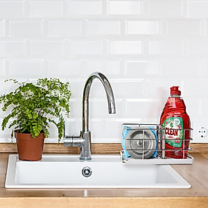 Damita Sponge Holder for Kitchen Sink, Stainless Steel Sink Caddy Organizer Rack, Brush Dish Soap Dispenser Bar Accessories Tray Drainer, with Drain Pan for Bathroom Countertop Storage